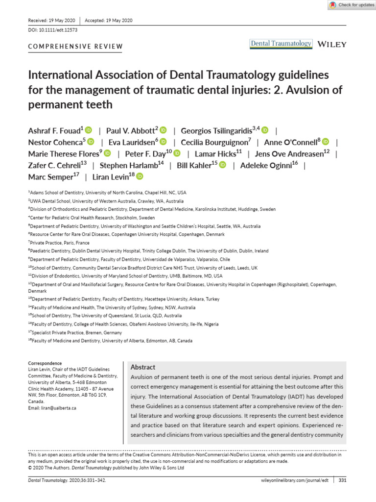 Avulsion of Permanent Teeth | PDF | Dentistry | Health Sciences