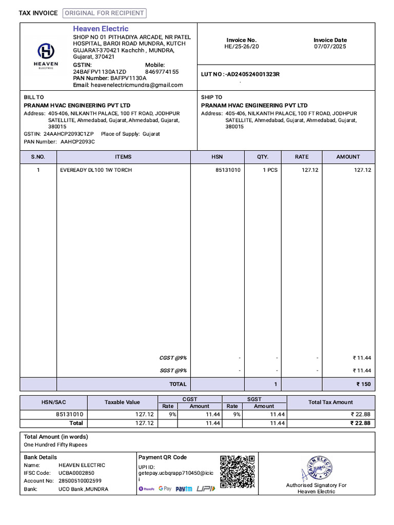 Pranam Hvac Engineering PVT LTD Sales Invoice He 25-26-20 | PDF ...