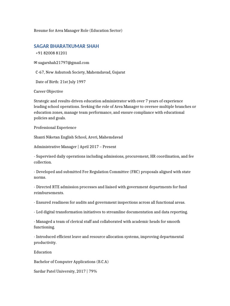 Area Manager Resume | PDF