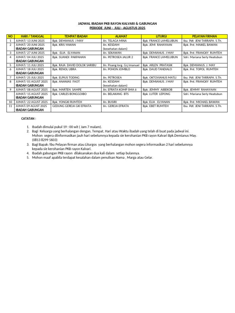 Jadwal Ibadah PKB Rayon Kalvari | PDF