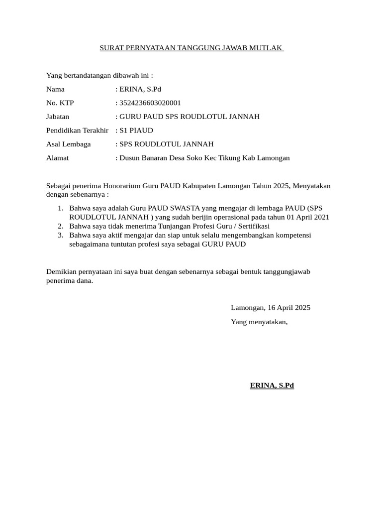 RJ Honor Surat Pernyataan Tanggung Jawab Mutlak | PDF