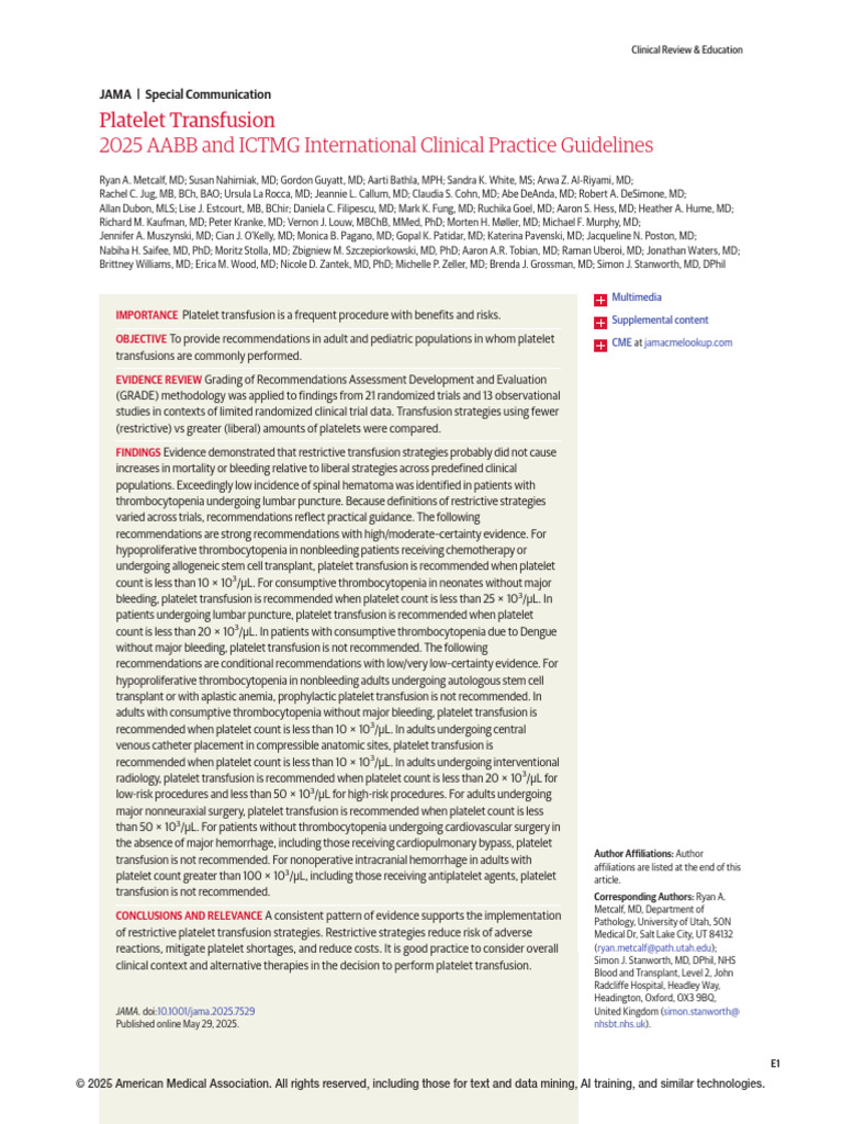 Platelet Transfusion - 2025 AABB and ICTMG International Clinical Practice Guidelines | PDF ...