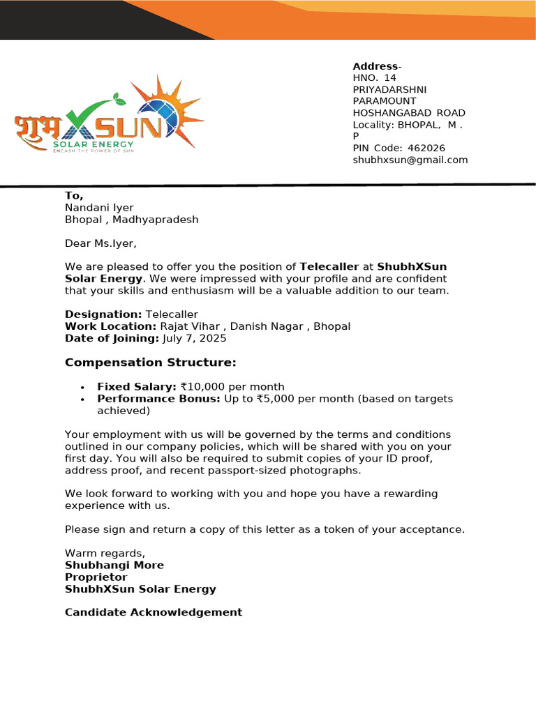 Offer Letter Nandani Iyer | PDF