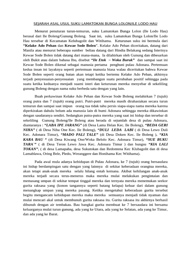Sejarah Asal Usul Suku Lamatokan Bunga Lolon | PDF