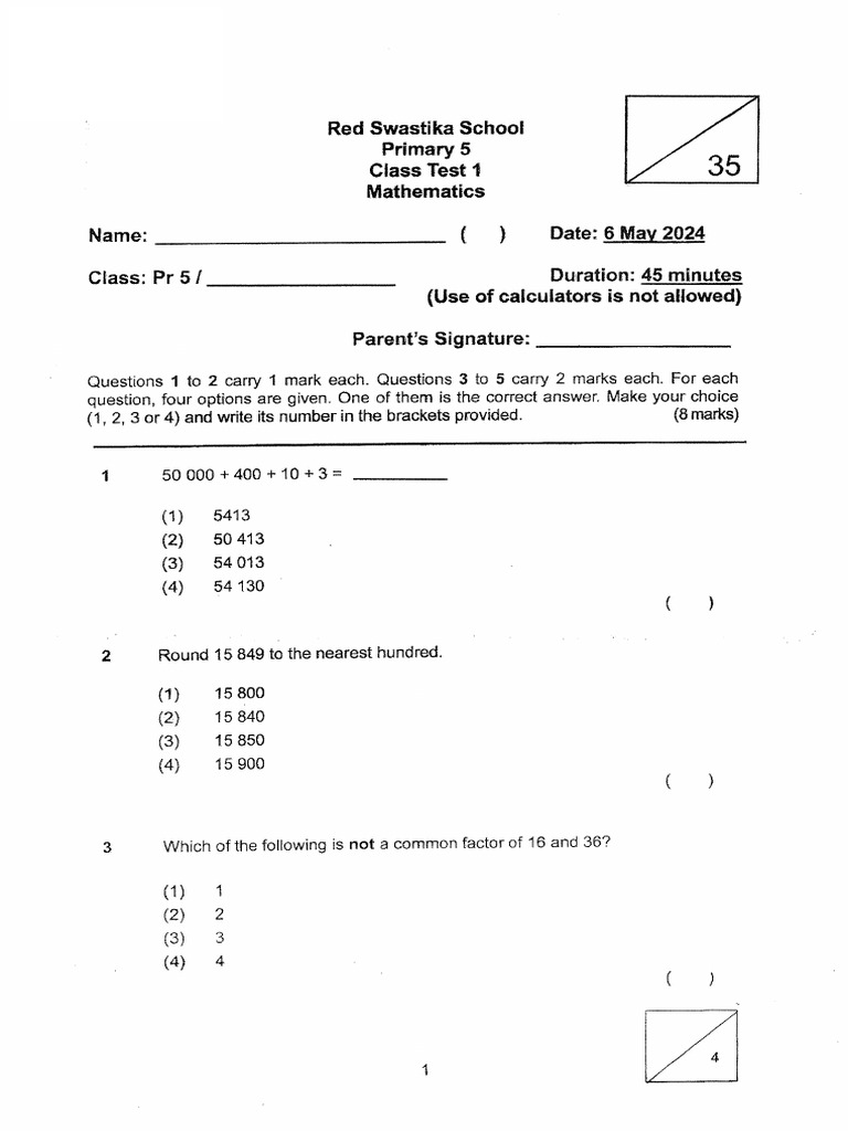 2024 P5 Maths Class Test 1 Red Swastika | PDF