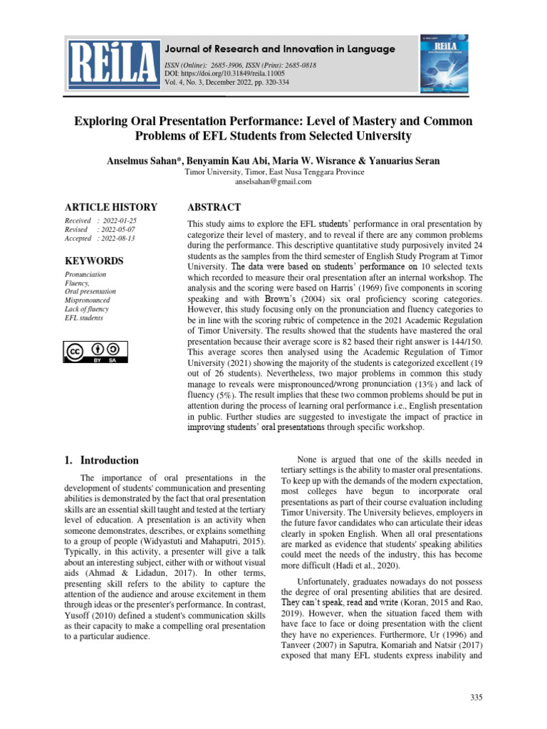 Exploring Oral Presentation Performance Level of Mastery and Common ...