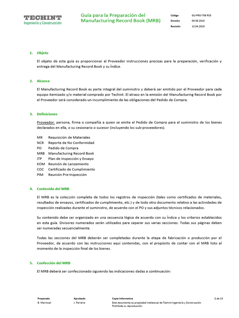 Gu-Pro-706 - Es - r03 - Guía para La Preparación Del Manufacturing Record Book (MRB) .PDF - 1 | PDF
