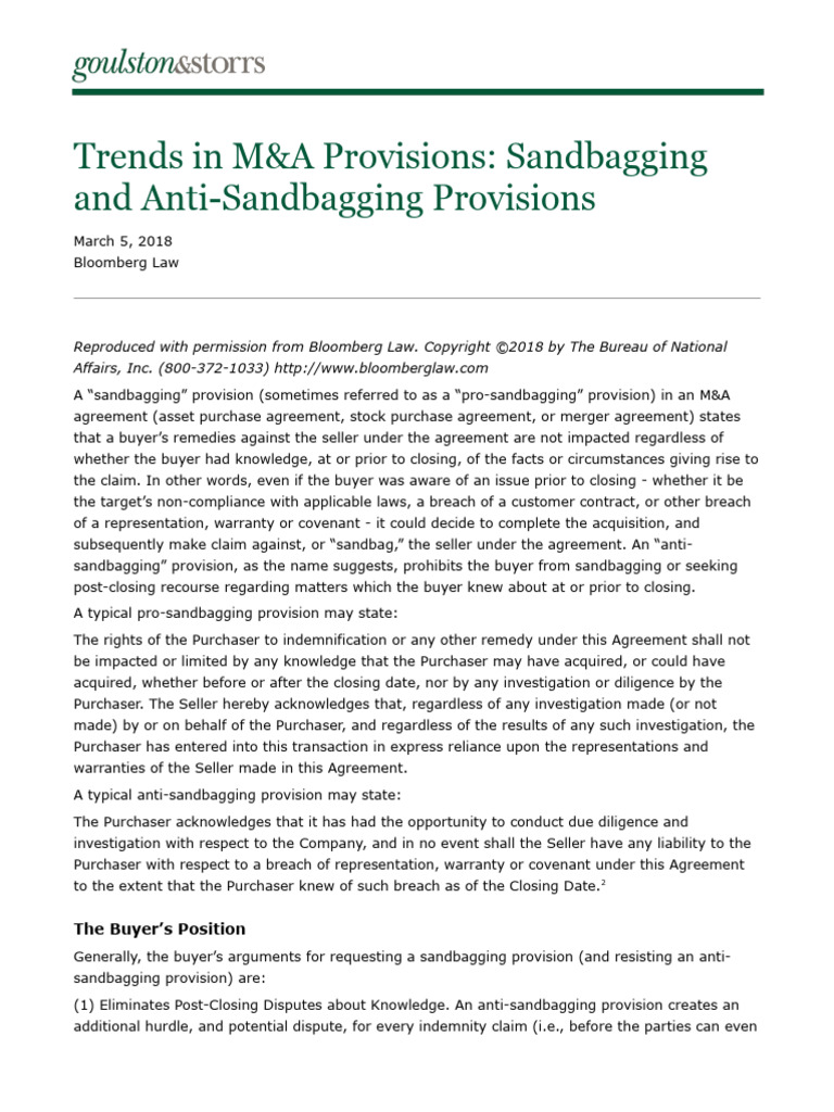 Gouldyon Storrs Trends in Ma Provisions Sandbagging and Anti ...