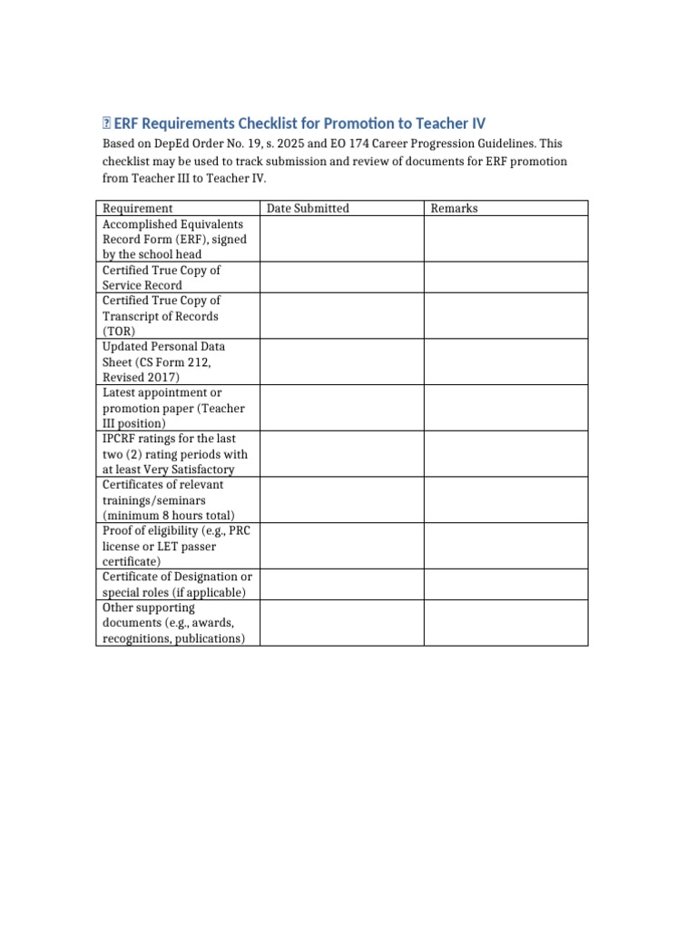 ERF Promotion Checklist for Teacher IV | PDF