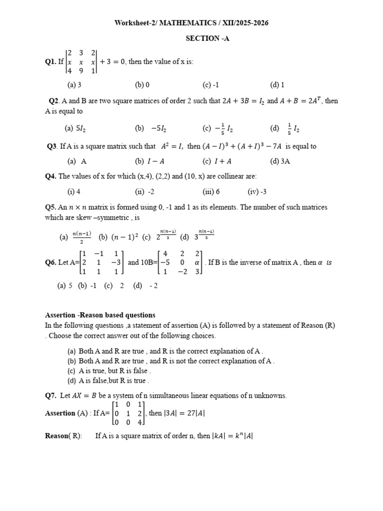 Mathematics Worksheet XII 2025-2026 | PDF | Matrix (Mathematics ...