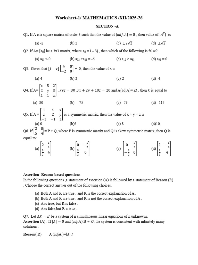Class 12 Maths Worksheet 1 | PDF | Mathematical Analysis | Matrix Theory