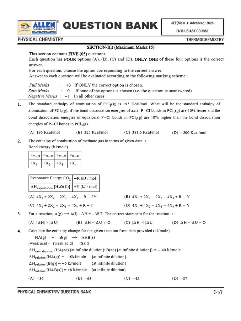 Question Bank: Full Marks Zero Marks Negative Marks | PDF | Physical ...