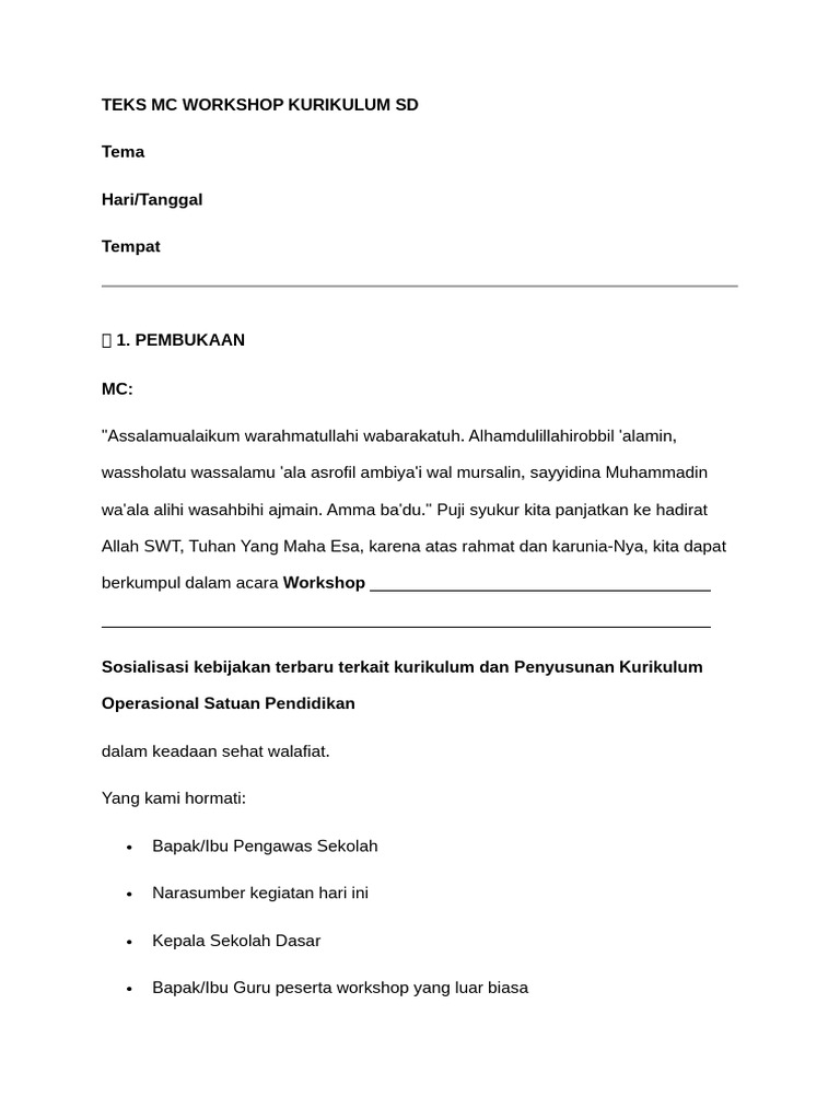 Teks MC Workshop Kurikulum Merdeka New | PDF