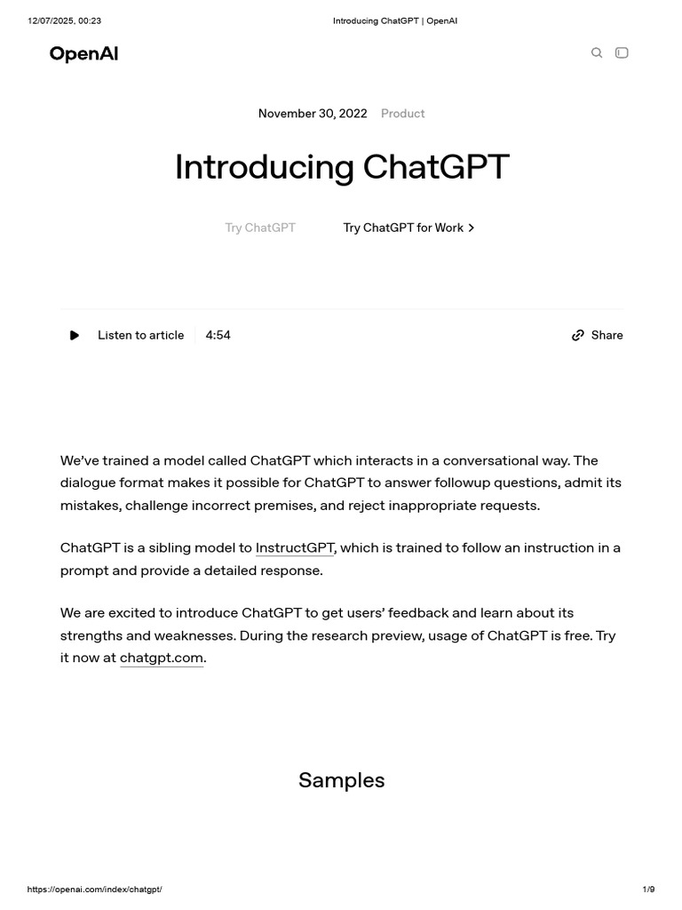 Introducing ChatGPT: A Conversational AI | PDF | Learning