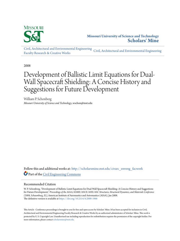 Development of Ballistic Limit Equations For Dual-Wall Spacecraft | PDF