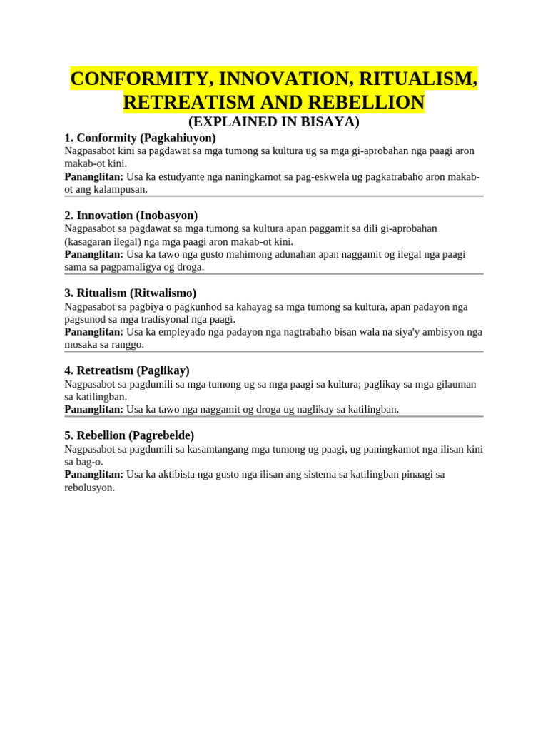 Merton's Mode of Adaptation- Explained in Bisaya | PDF