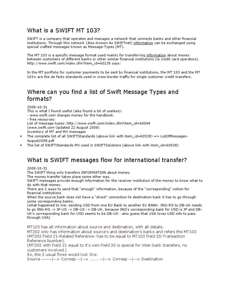 Swift MT 103 | Download Free PDF | Banks | Banking