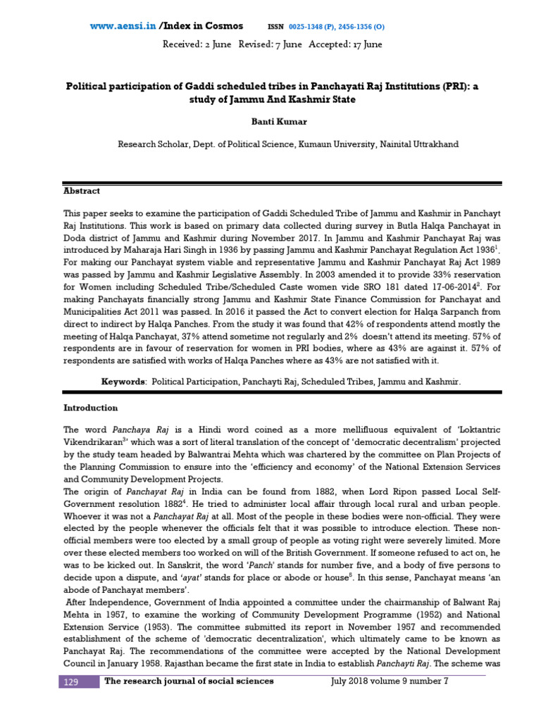 Gaddi Tribe Political Participation in PRI | PDF | Government Of India