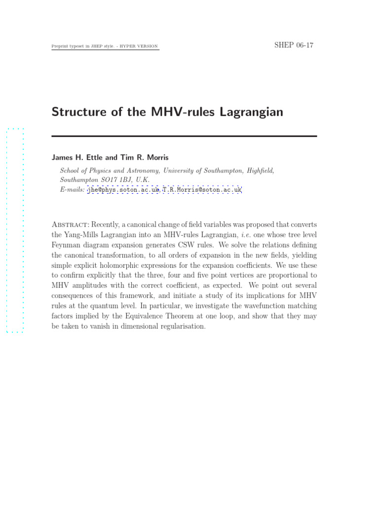Structure of The MHV Rules Lagrangian | PDF | Theoretical Physics | Physics