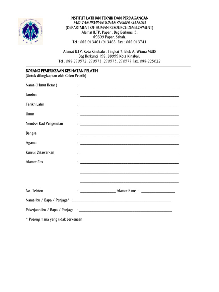 Borang Pemeriksaan Kesihatan 2019 Terkini | PDF