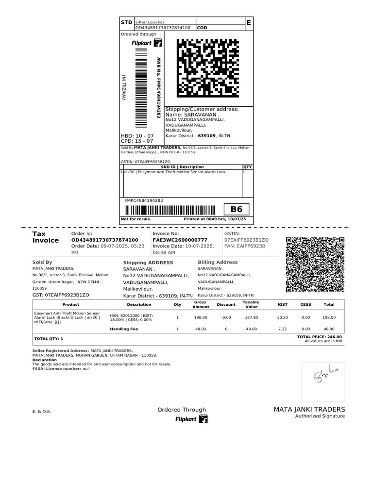 E-Kart Logistics Invoices for MATA JANKI TRADERS | PDF | Invoice | Payments
