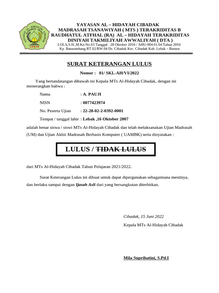 Surat Keterangan Lulus MTs Al-Hidayah | PDF