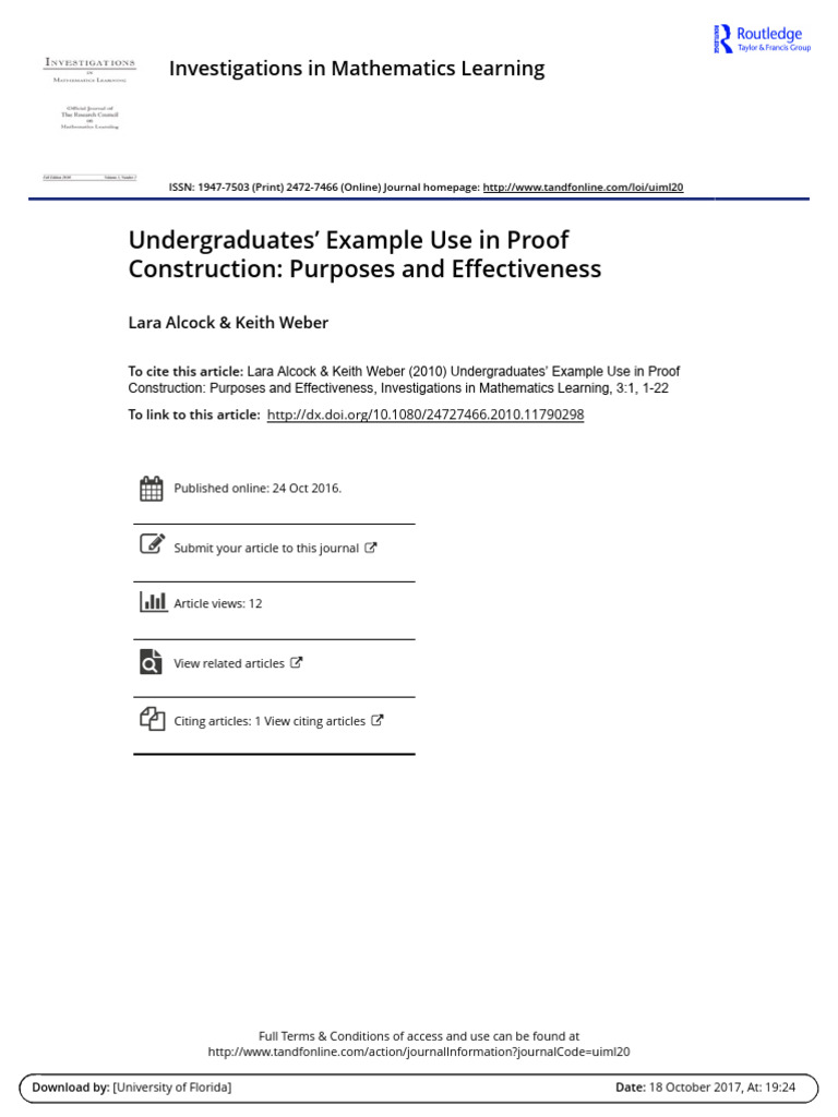 Lara Alcock & Keith Weber 2010 - Undergraduates' Example Use in Proof ...