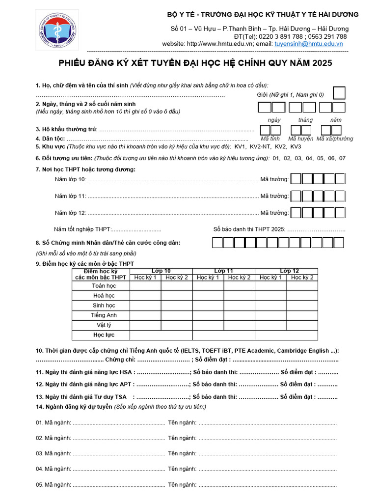 Mau Phieu Dang Ky Xet Tuyen Dai Hoc CQ Nam 2025 | PDF