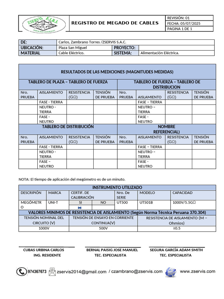 Registro de Megado de Cables | PDF | voltaje | Electricidad