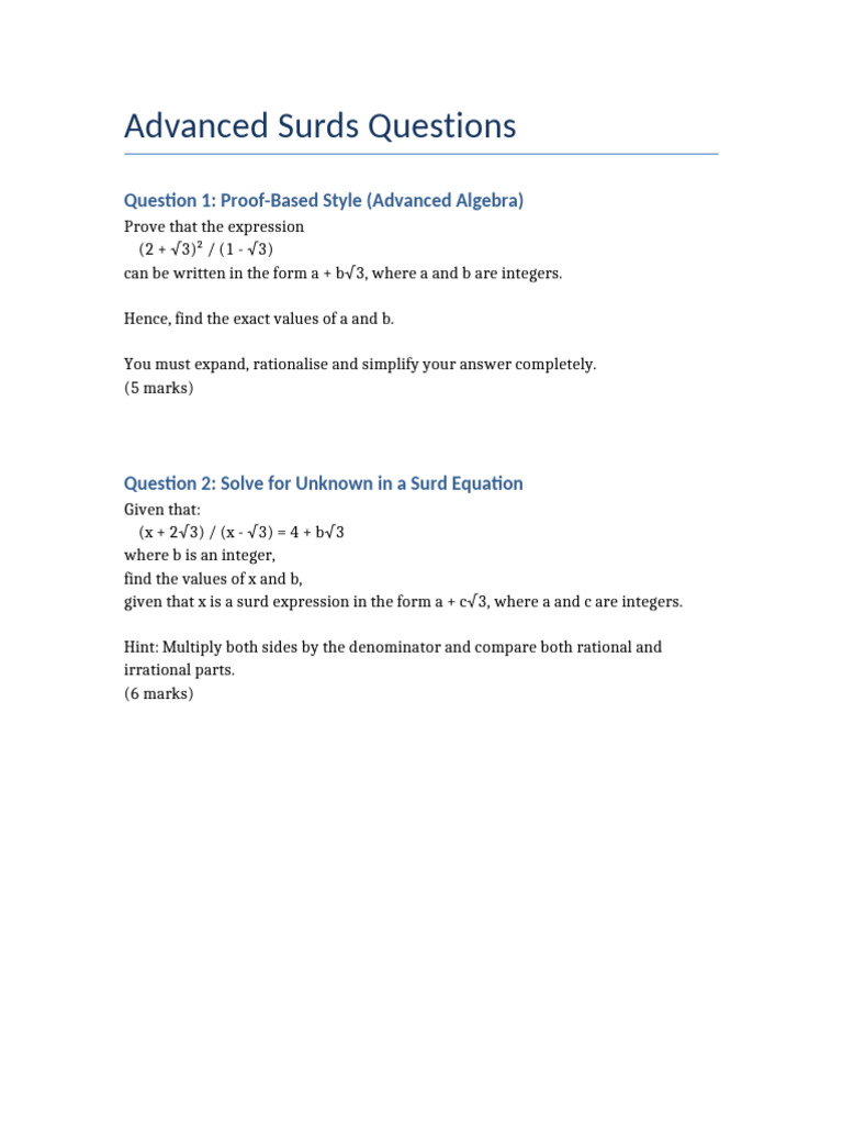 Advanced Surds Questions | PDF