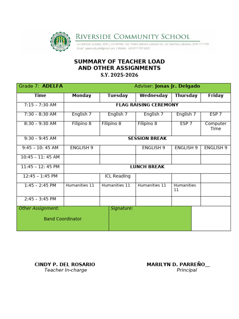 Summary of Teacher Load and Other Assignments Sy 2025 2026 | PDF ...
