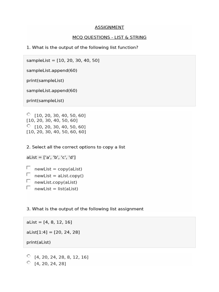 MCQ Questions - List & Strings | PDF | Chess | Computer Programming