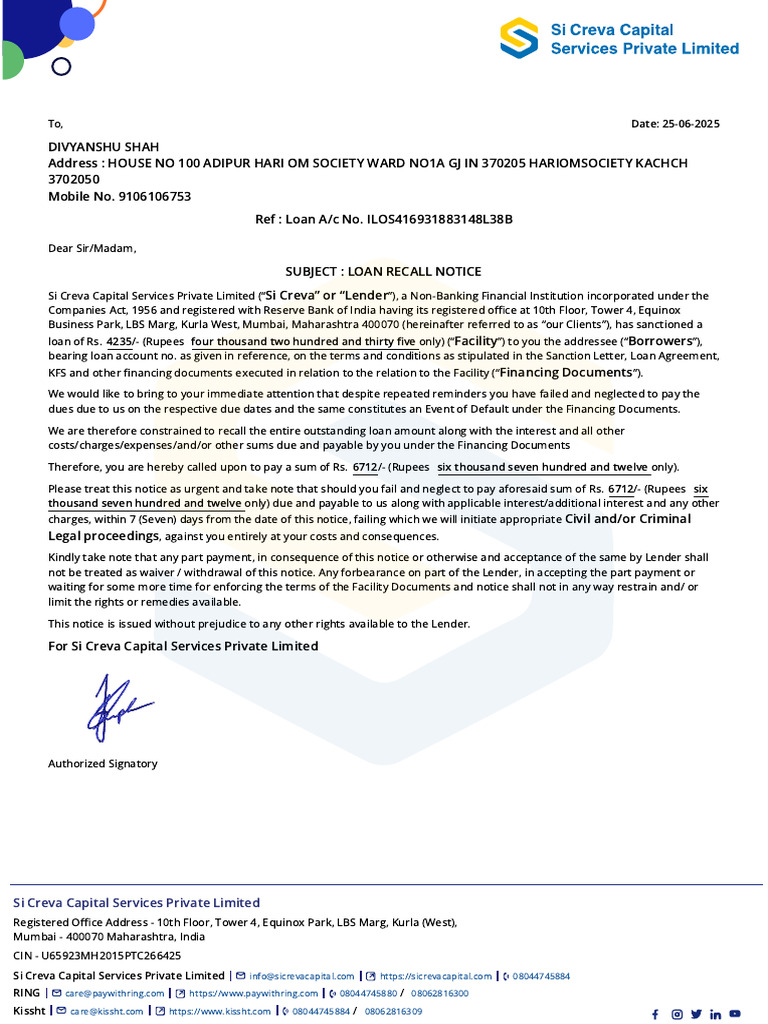 Si Creva Capital Services Private Limited | PDF | Loans | Debt