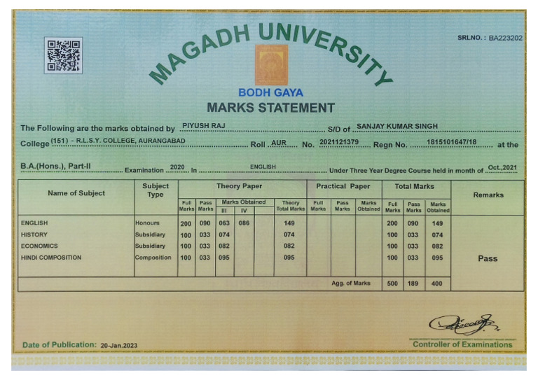 B.A Part-2 Marksheet | PDF