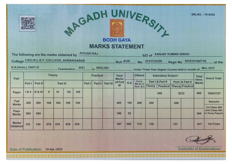 B.A Part-3 Final Marksheet | PDF