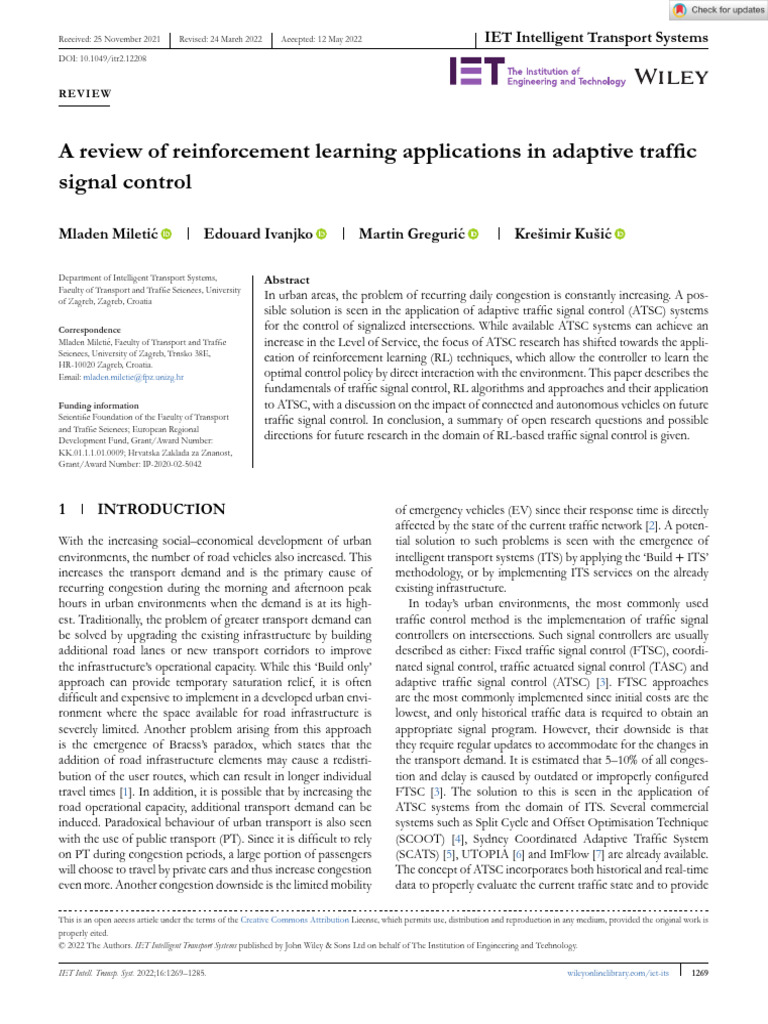 A Review of Reinforcement Learning Applications in Adaptive Traffic | PDF | Machine Learning ...