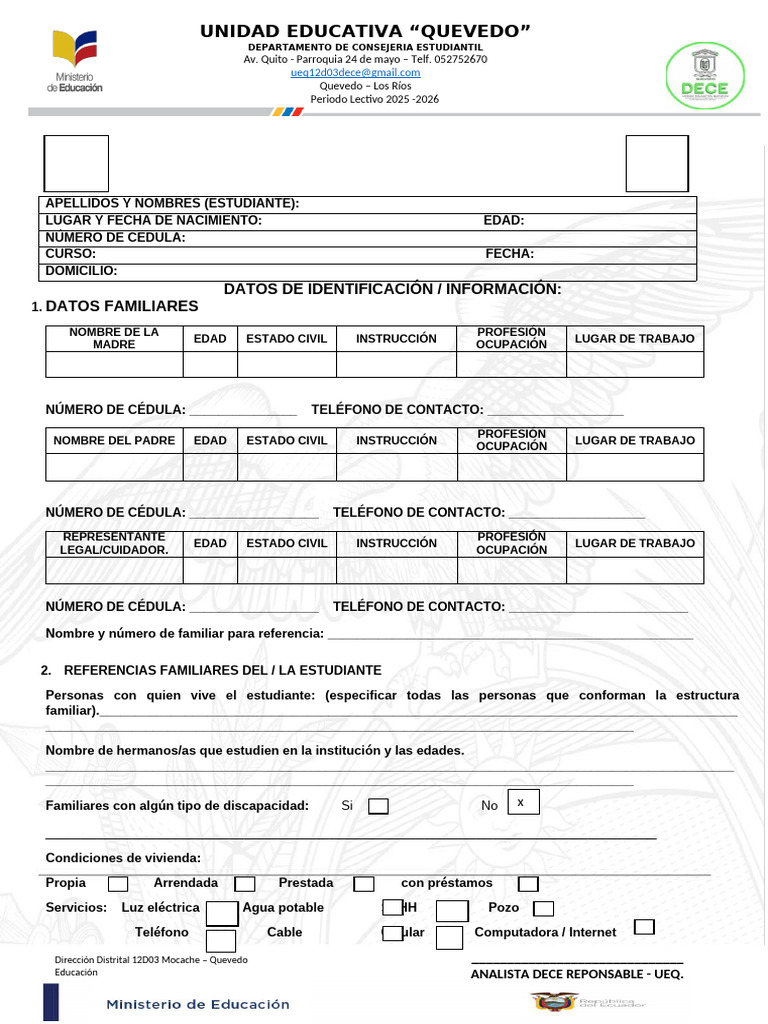 Ficha de Registro Acumulativo Del Dece 2023 - 2024 - Dece - Ueq-3 | PDF