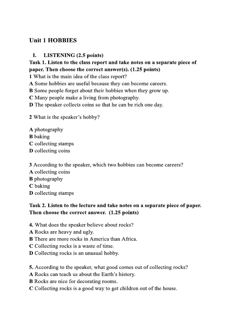 Unit 1 Hobbies Test | PDF