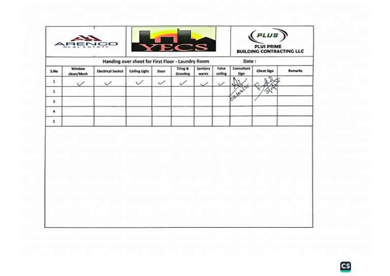 Handing Over Sheet For First Floor - Laundry Room | PDF