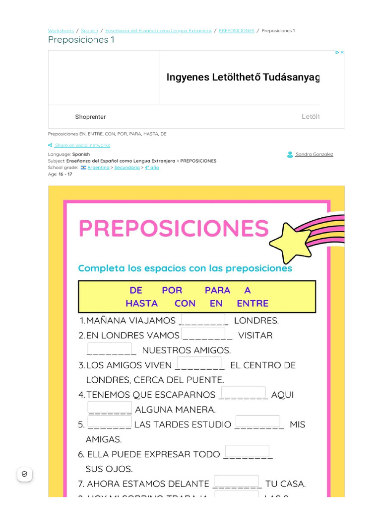 Preposiciones 1. Interactive Worksheet - TopWorksheets | PDF