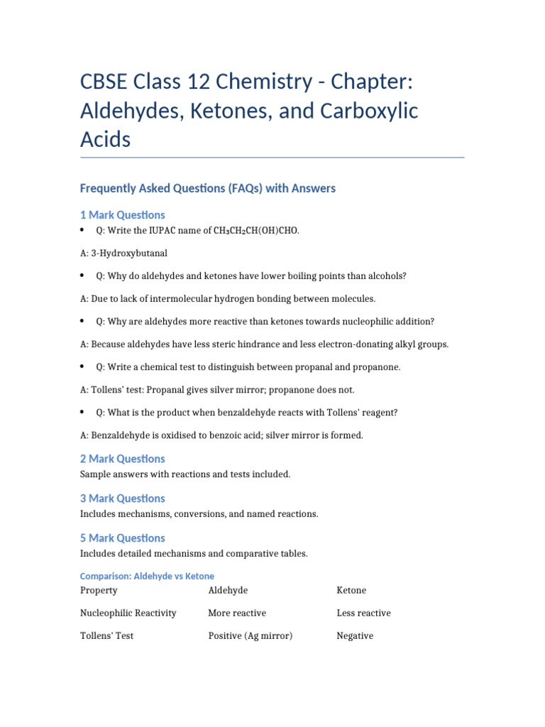 CBSE Class 12 Chemistry: Aldehydes & Ketones FAQs | PDF