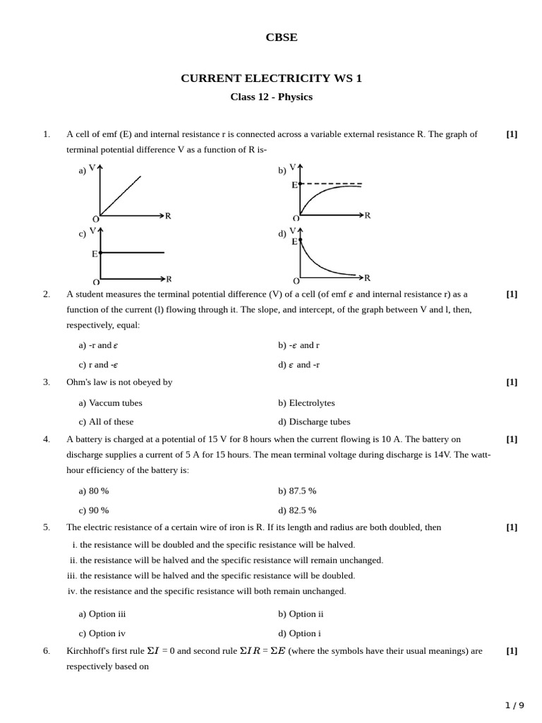 Current Electricity WS 1 | PDF | Electric Current | Electrical Resistivity And Conductivity