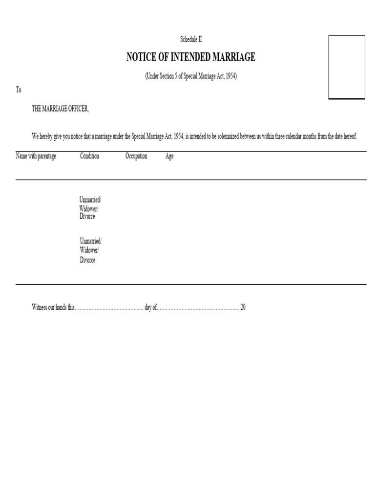 Notice of Intended Marriage Form | PDF | Marriage | Social Institutions