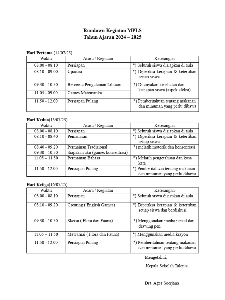 Rundown Kegiatan MPLS Tahun Ajaran 2025 - 2026 | PDF