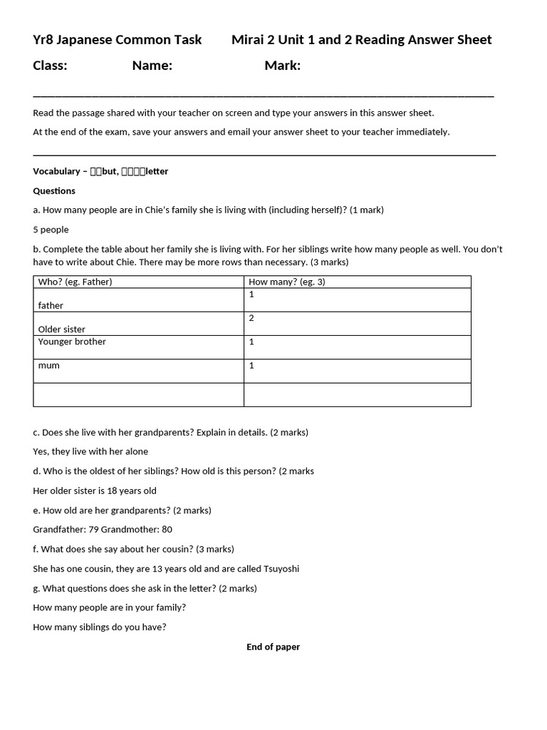 Common Task Mirai 2 Unit 1 and 2 Reading Answer Sheet | PDF