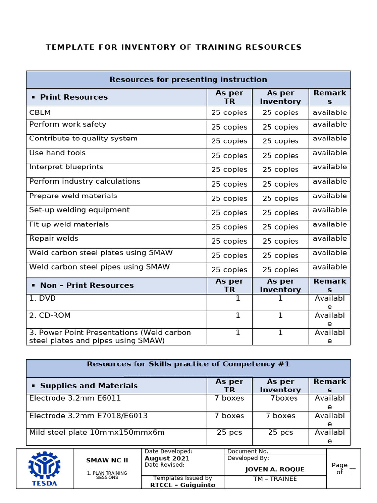 Template - Inventory of Training Resources | PDF | Industrial Processes ...