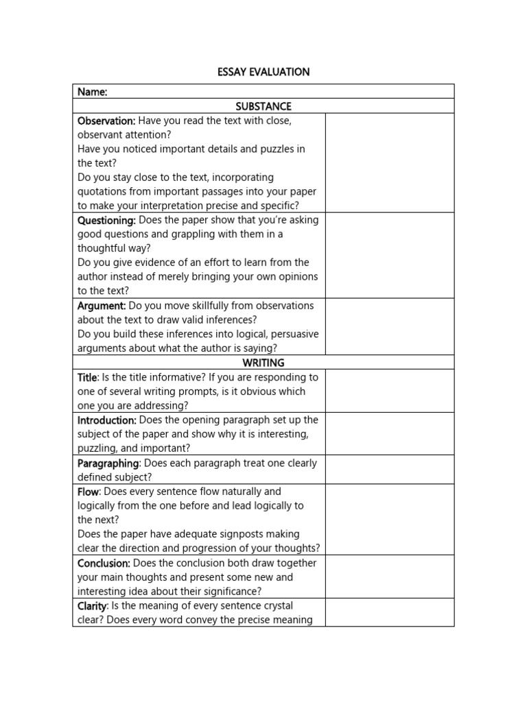 Essay Evaluation Form | PDF