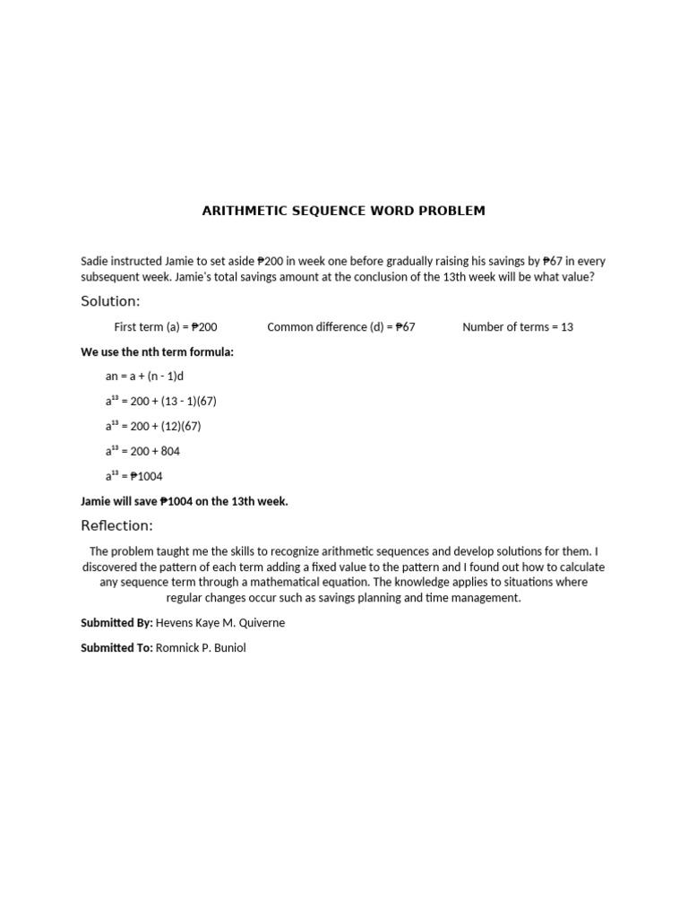 Arithmetic Sequence Word Problem | PDF