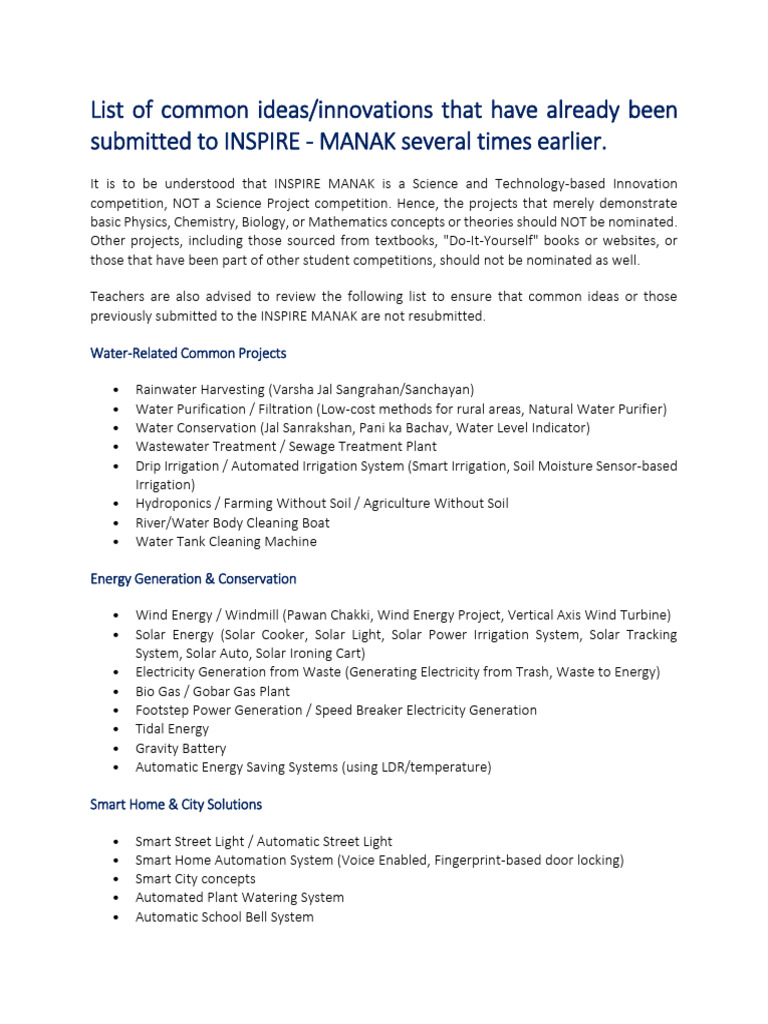 List-Of-Common-Ideas For INSPIRE MANAK | PDF | Water | Electricity ...