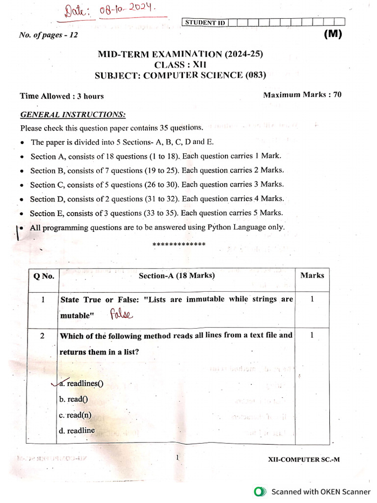 XII CS Mid-Term 2024-25 | PDF